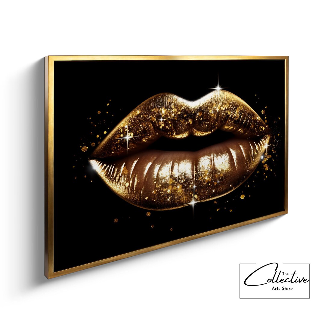 Golden Lips Poster Glitter Golden Lips Framed Canvas Golden Wall Art ...