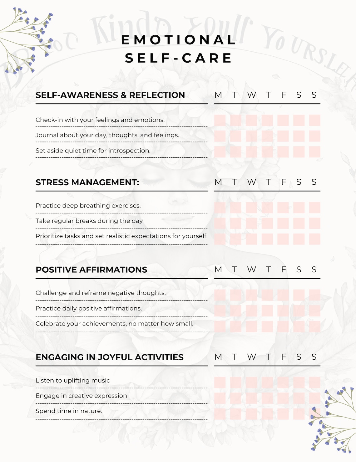 Self Care and Mindfulness Checklist, Printable Wellness Planner, Self ...