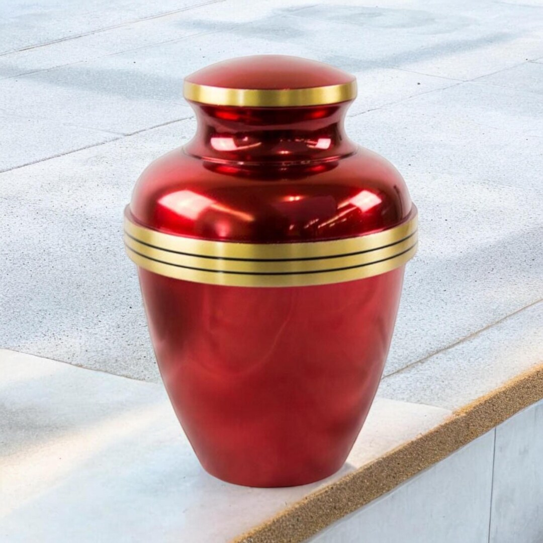 Traditional Red Cremation Urn With Bronze Bands | Personalized Memorial ...