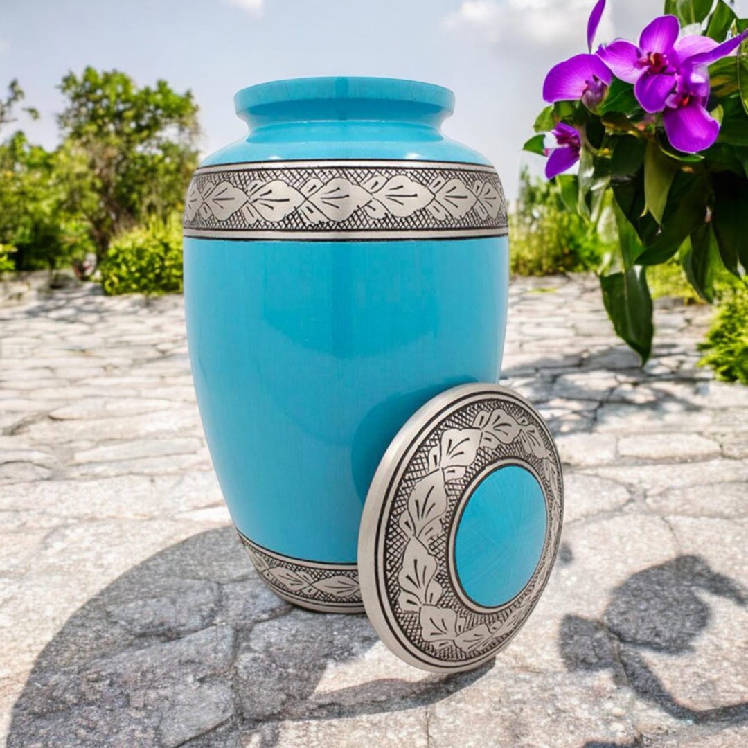 Contemporary Turquoise Cremation Urn With Floral Band Accent | Hand ...