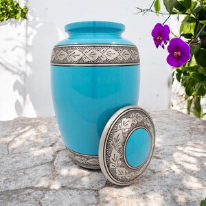 Contemporary Turquoise Cremation Urn With Floral Band Accent | Hand ...
