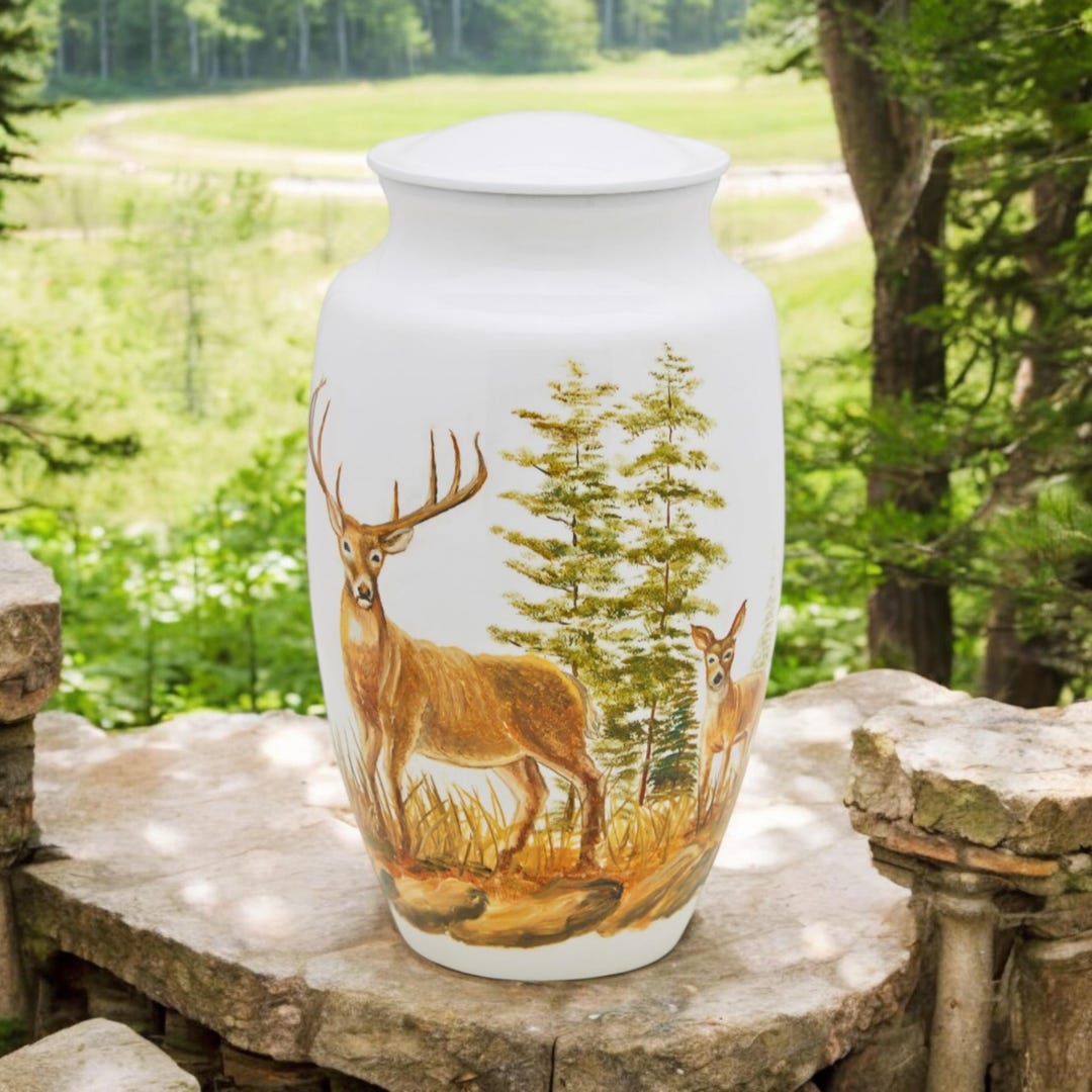 Two Deer Adult Cremation Urn With Hand-painted Wildlife Scene ...