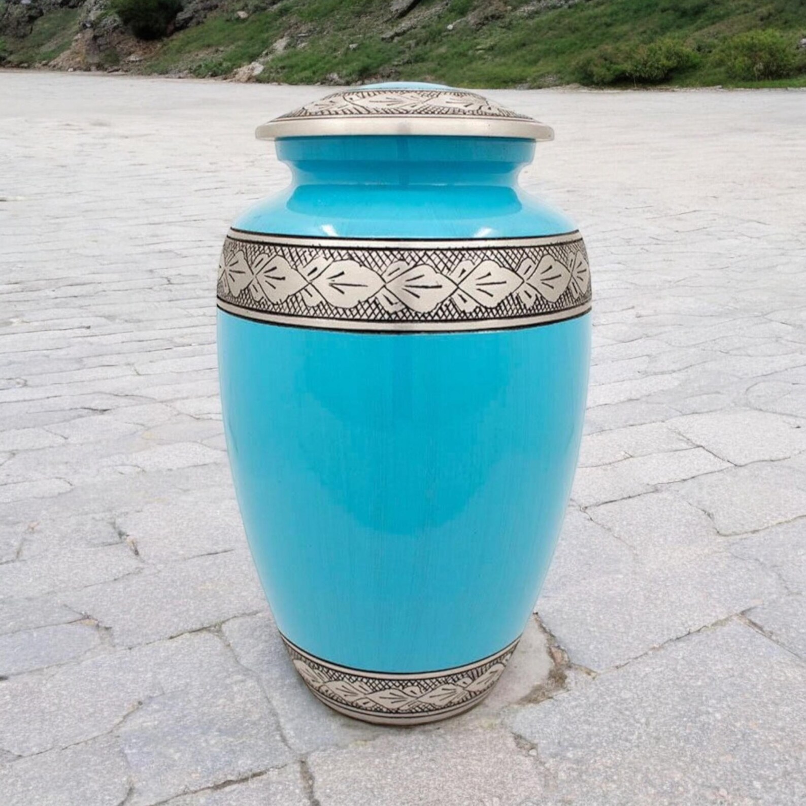 Contemporary Turquoise Cremation Urn With Floral Band Accent | Hand ...