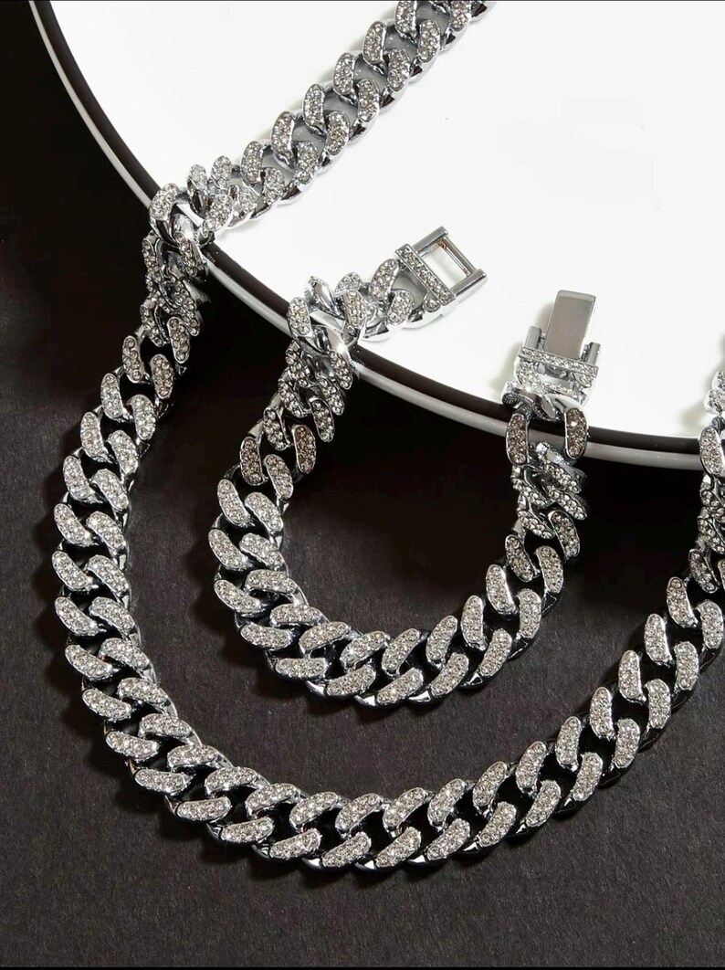 Cuban Ice Out Chain Bling Jewelry Men's Statement Necklace Hip Hop Drip ...