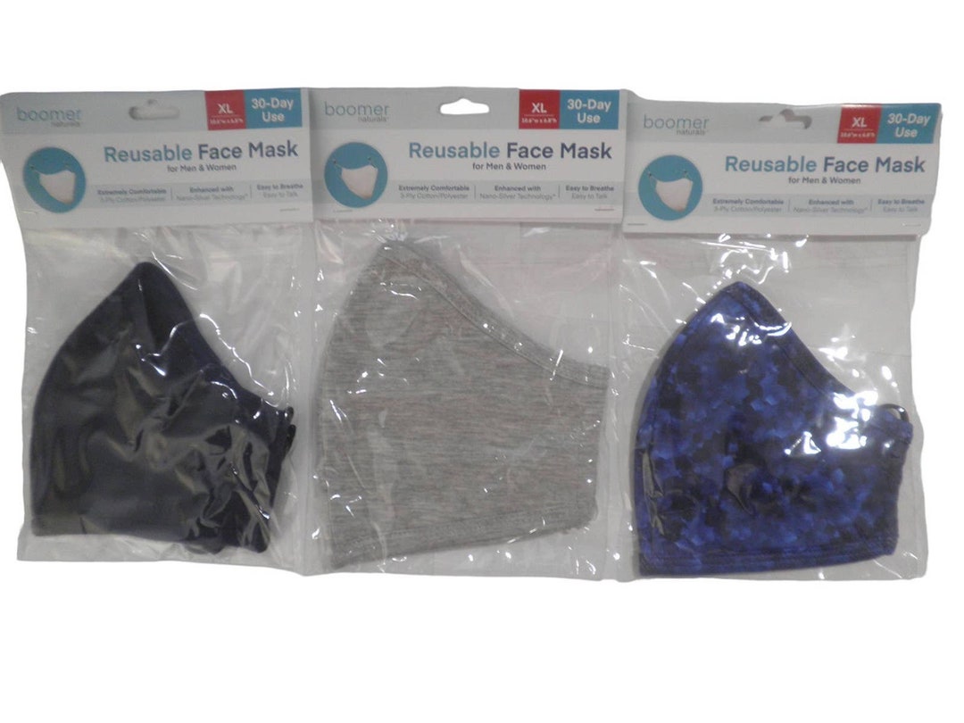3 XL Boomer Naturals Silver Infused Cloth Face Masks -navy Blue, Gray ...