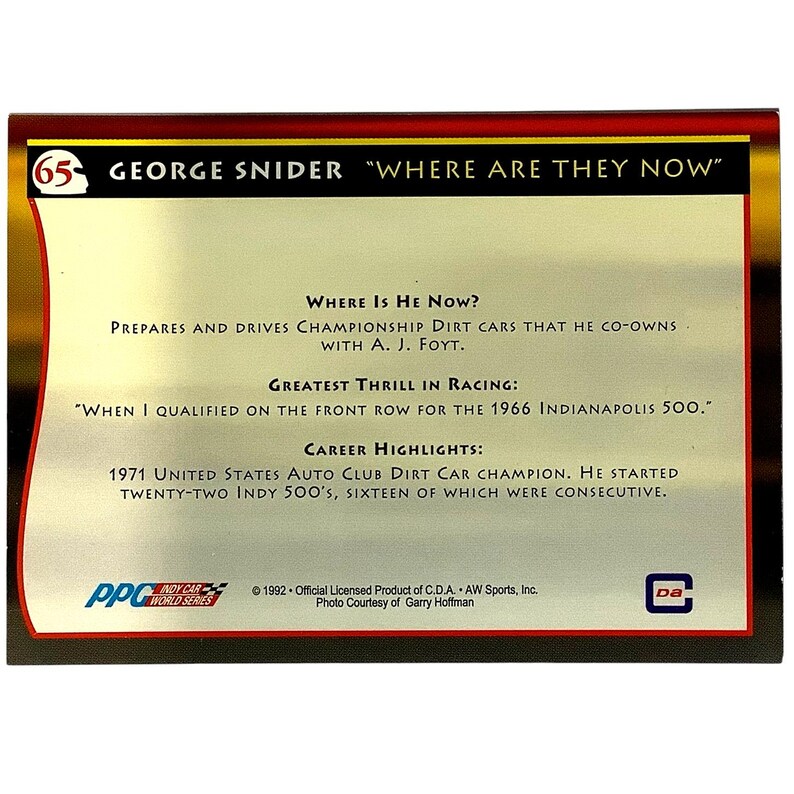 Indy Driver- Where Are They Now? George Snider 1992 Indy Car World ...