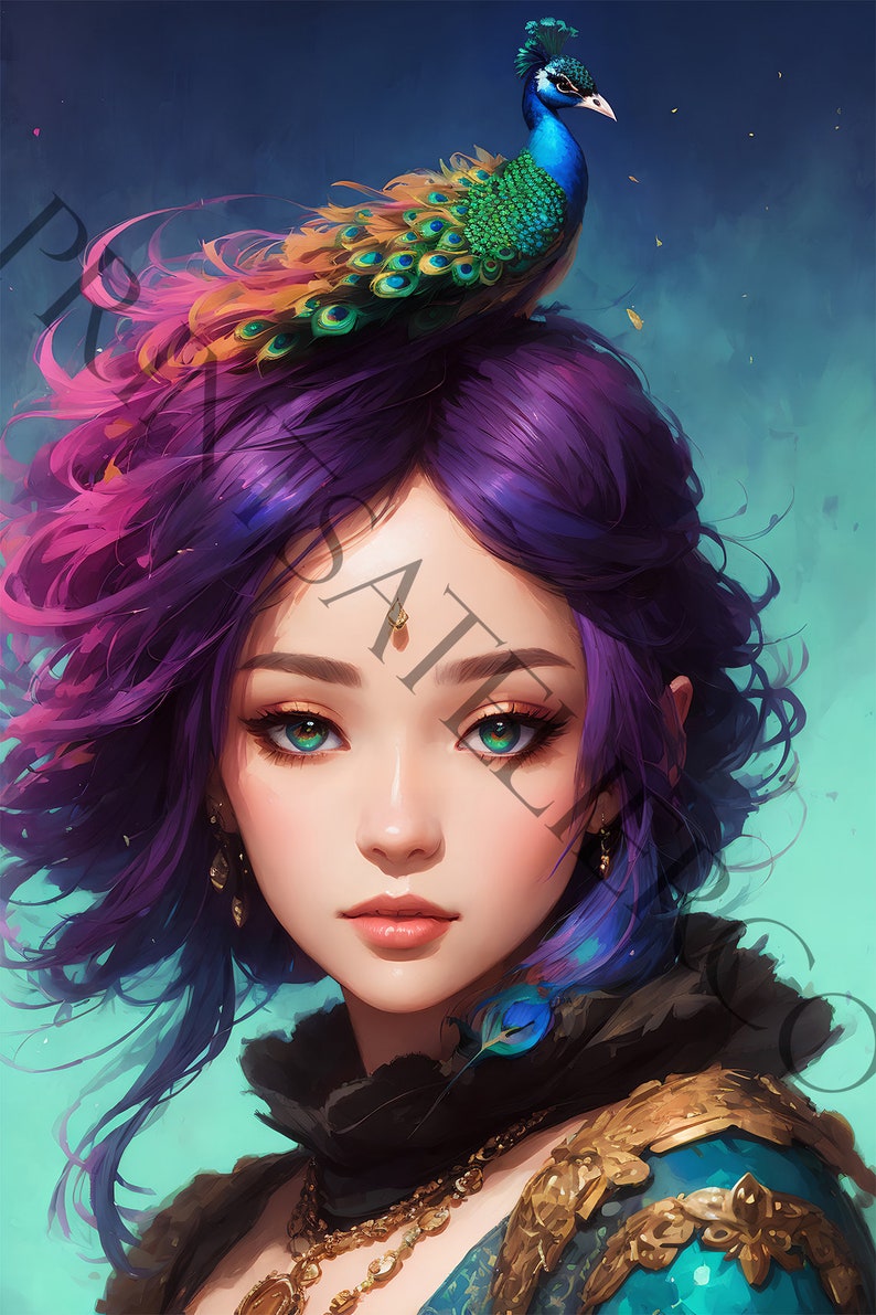 Peacock Girl 1 Digital Art Print Portrait Wall Art Printable Home Decor ...