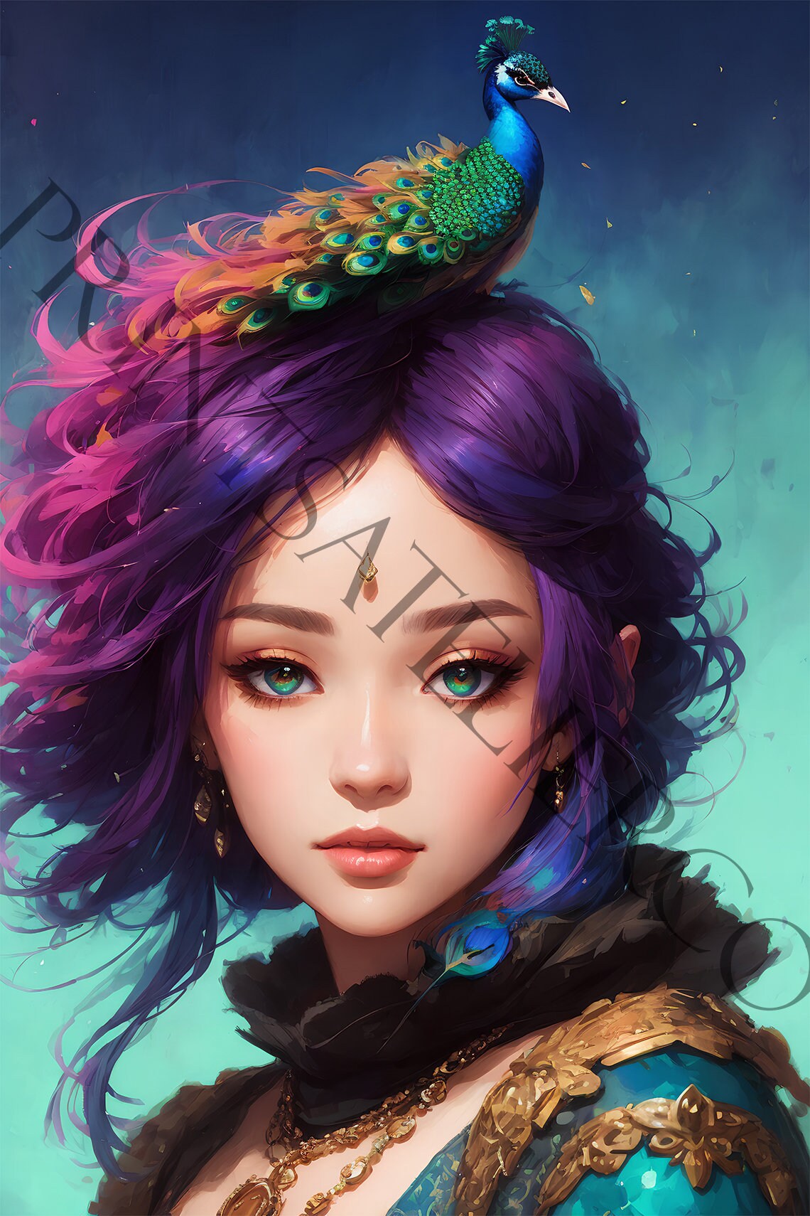 Peacock Girl 1 Digital Art Print Portrait Wall Art Printable Home Decor
