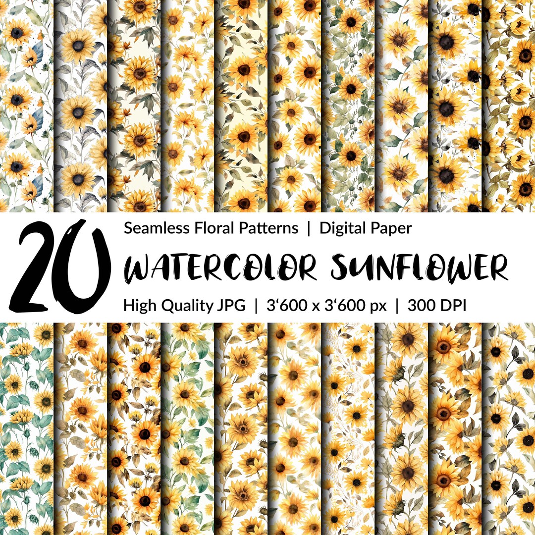 Watercolor Sunflower Digital Paper, Scrapbook Paper, Seamless Patterns ...