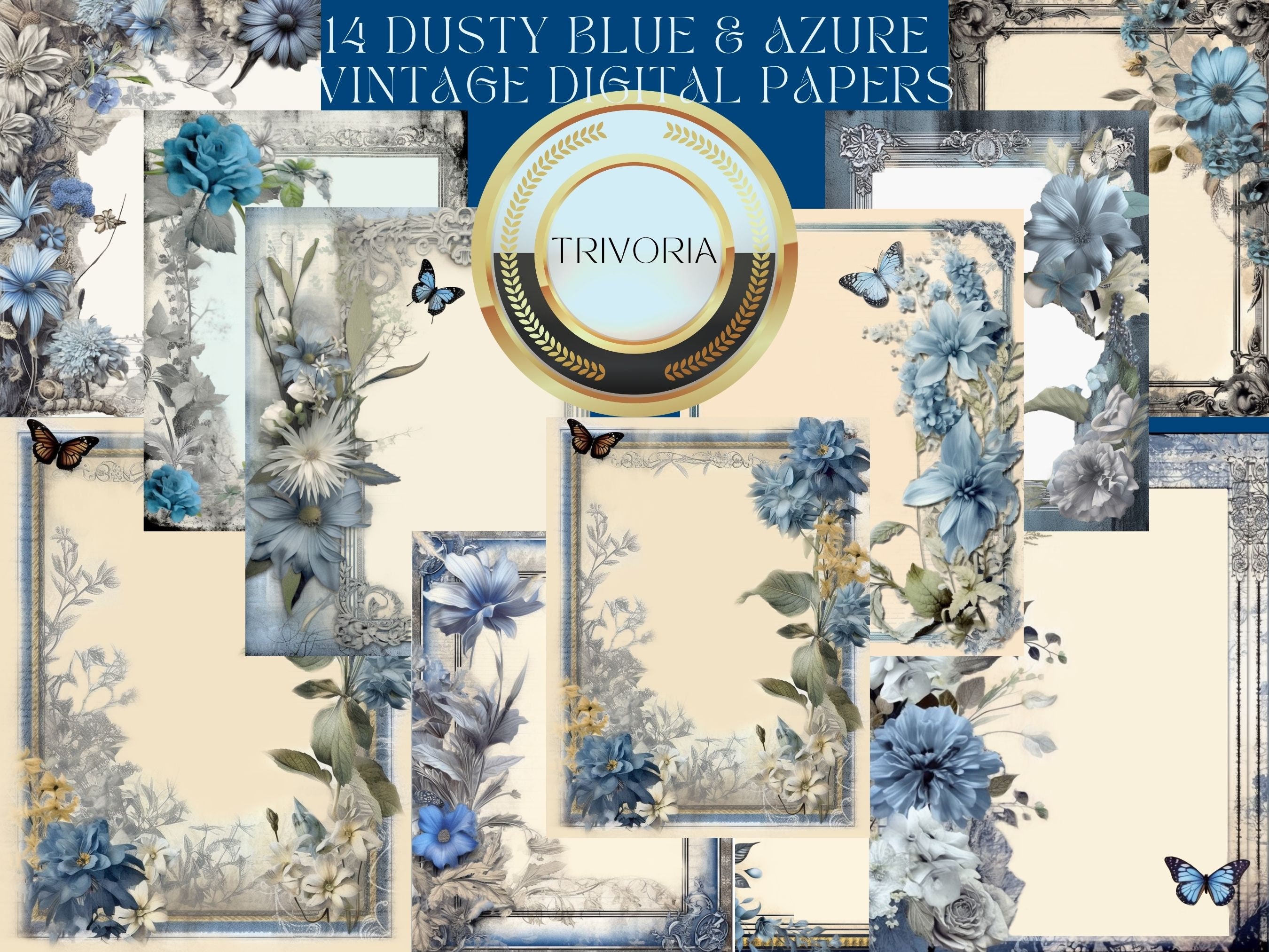 Dusty Blue Azure Vintage Floral Border Papers, Junk Journal Kit ...