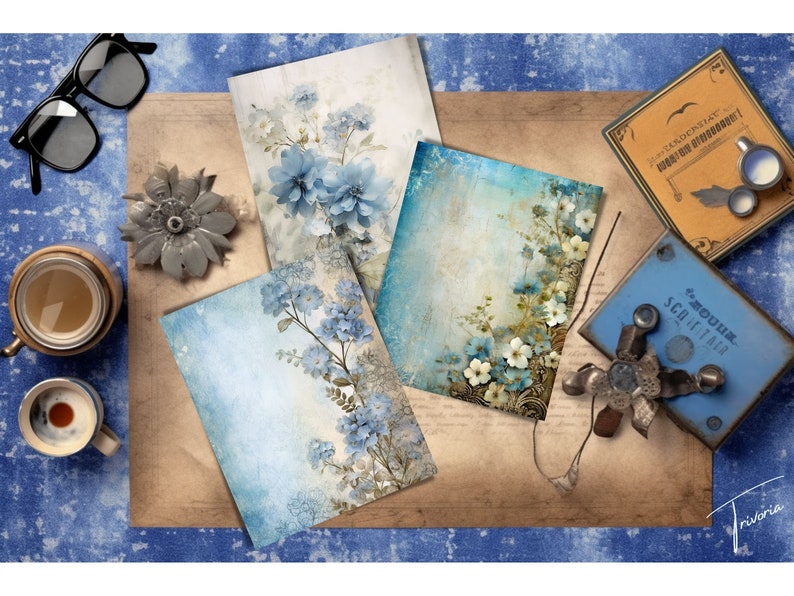 Dusty Blue Vintage Floral Digital Papers, Azure Junk Journal Kit ...