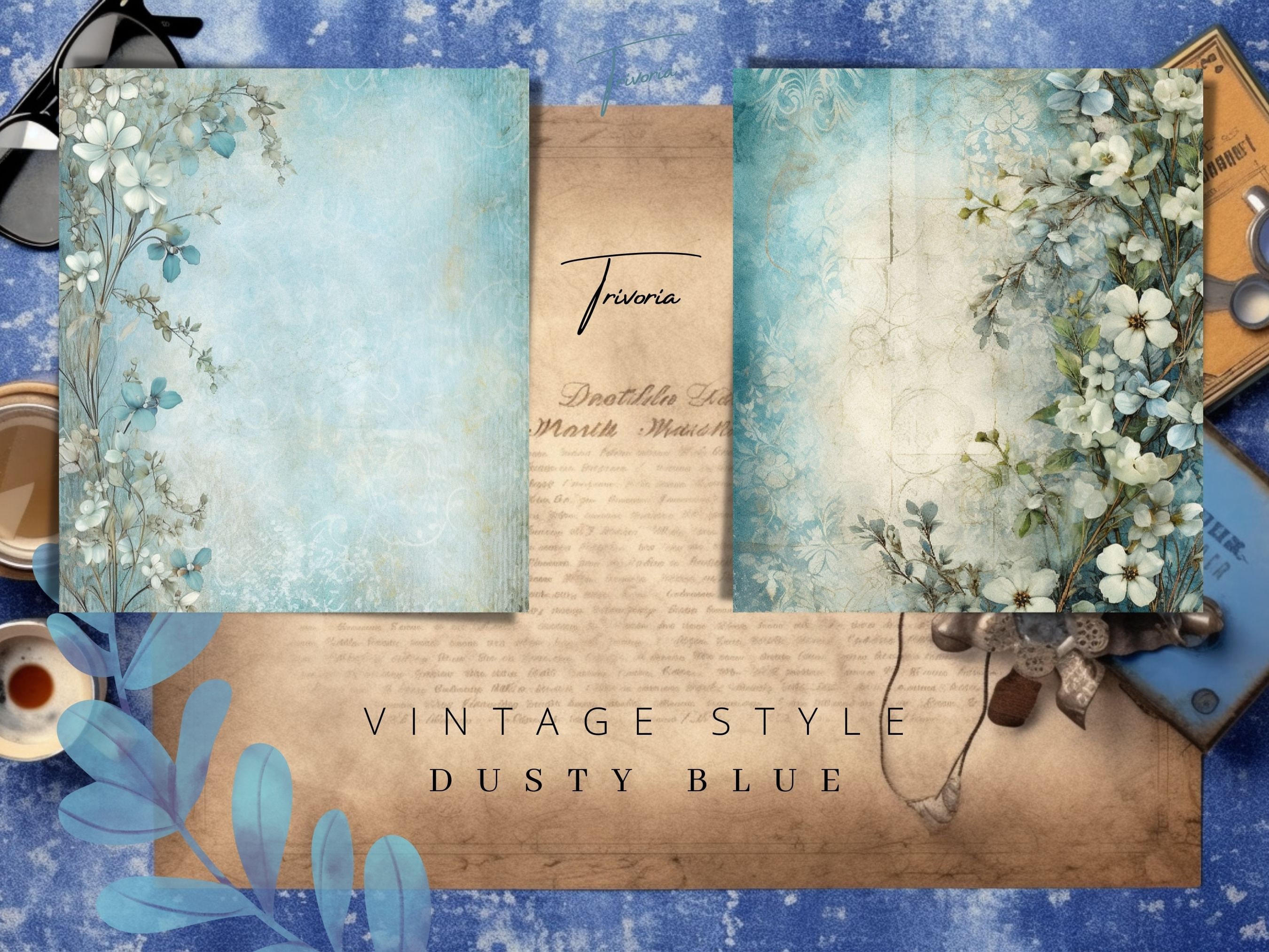 Dusty Blue Vintage Floral Digital Papers Azure Junk Journal - Etsy