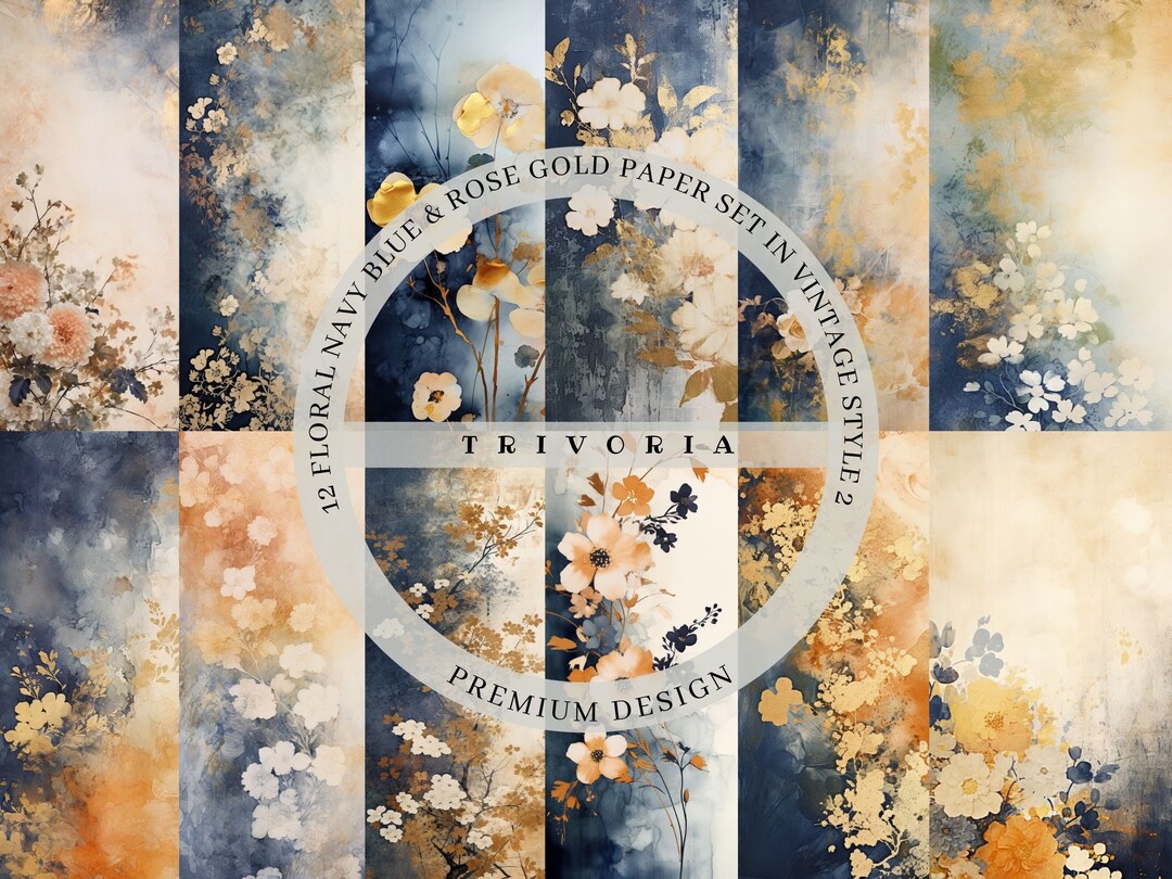 Navy Blue & Rose Gold Vintage Digital Papers: Shabby Chic Scrapbook ...