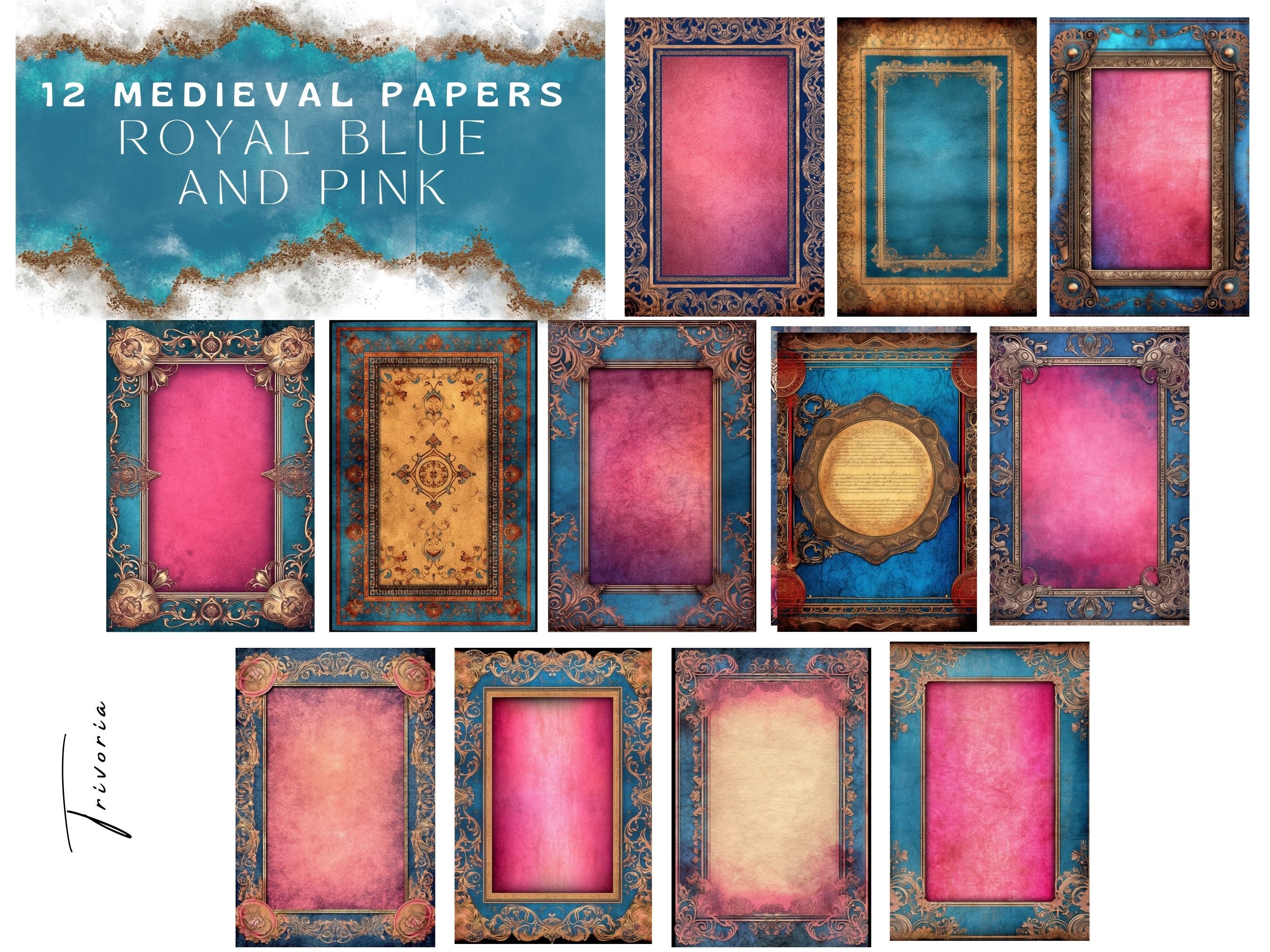Vintage Victorian Illuminated Borders in Royal Blue and Pink - Etsy