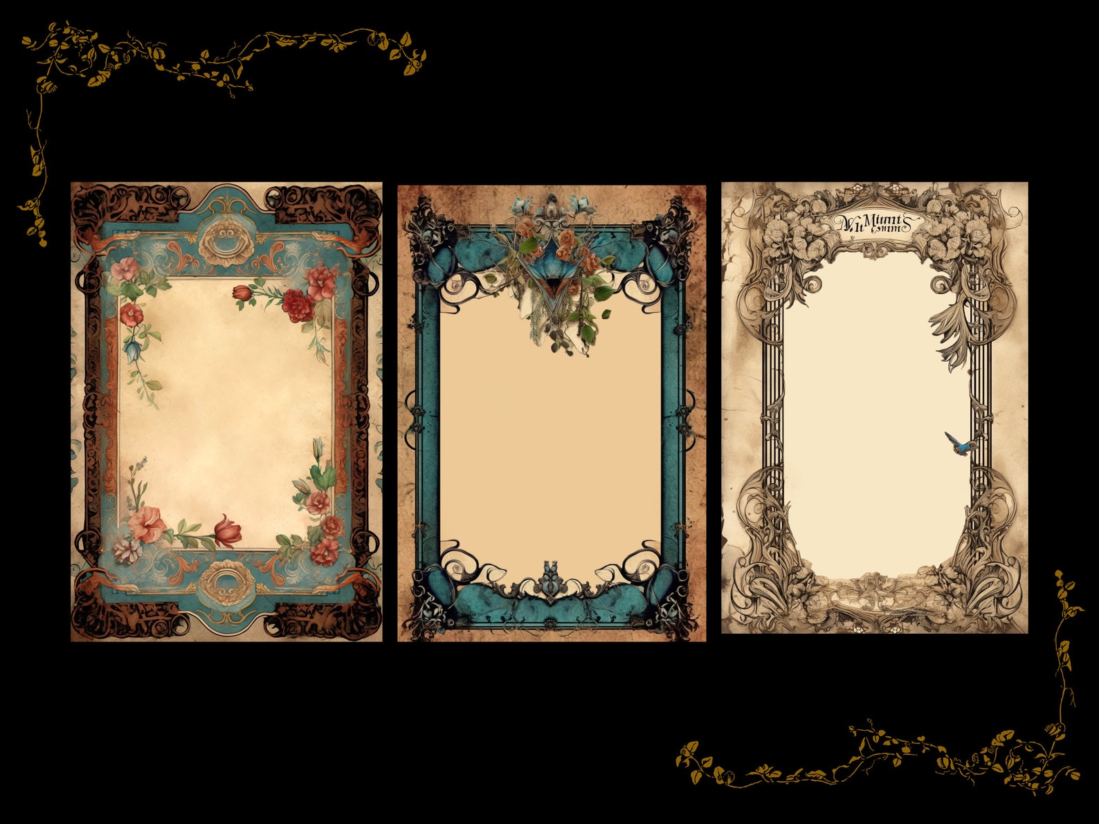 Medieval Illuminated Manuscript Digital Vintage Antique Floral Papers ...