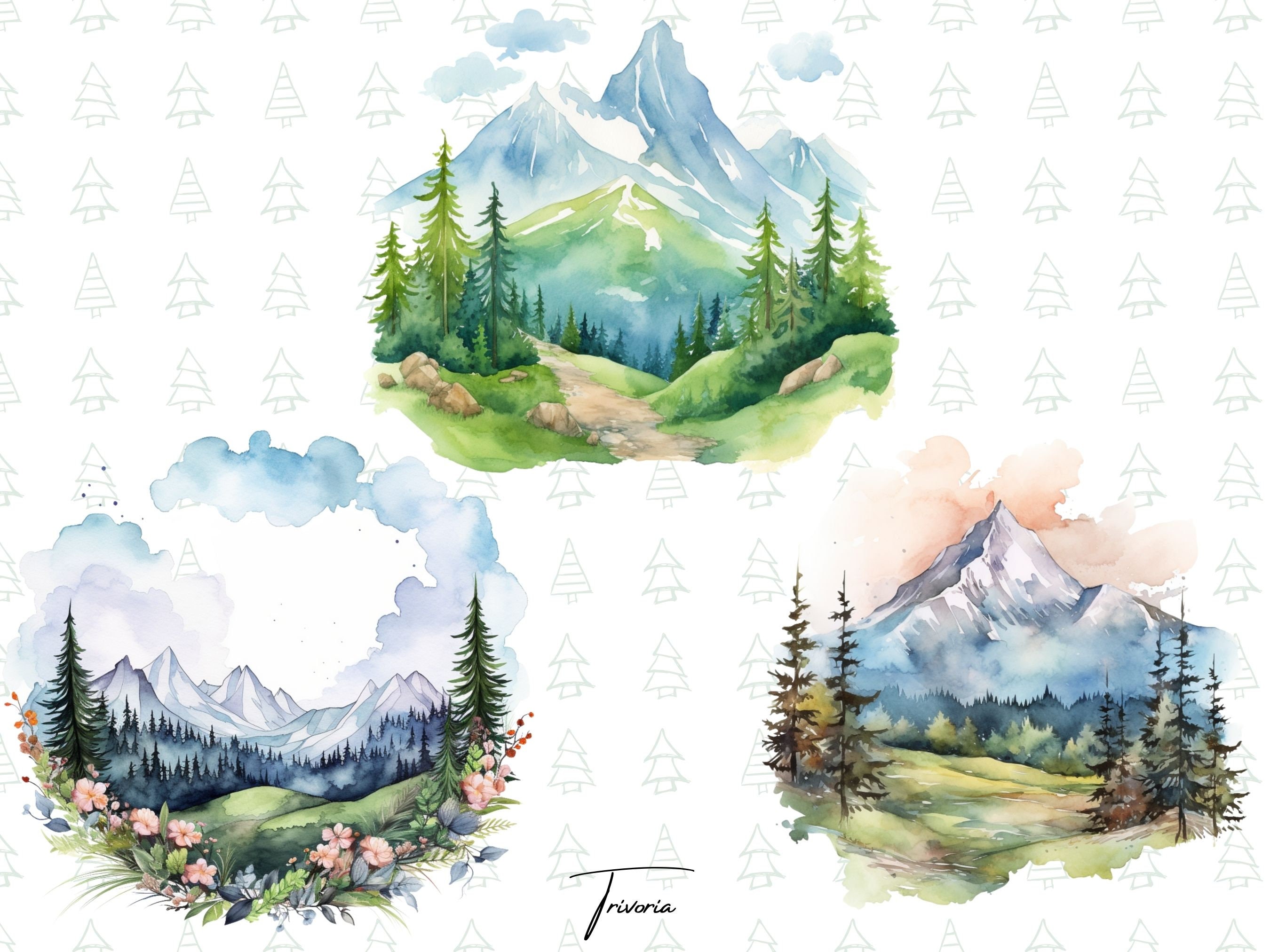 Mountain & Forest Watercolor PNG Set Landscape Scenes Mountain - Etsy