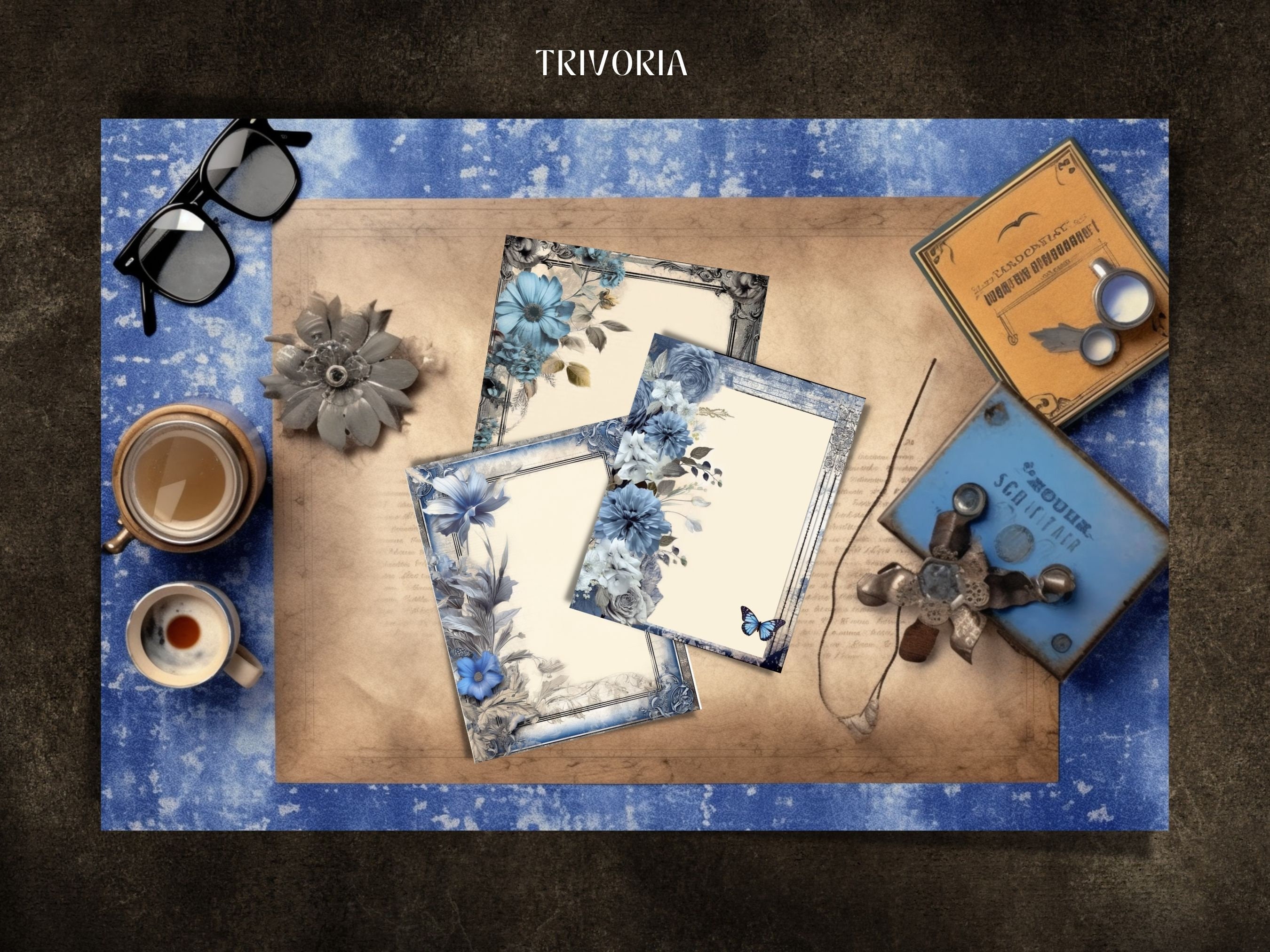 Dusty Blue Azure Vintage Floral Border Papers, Junk Journal Kit ...