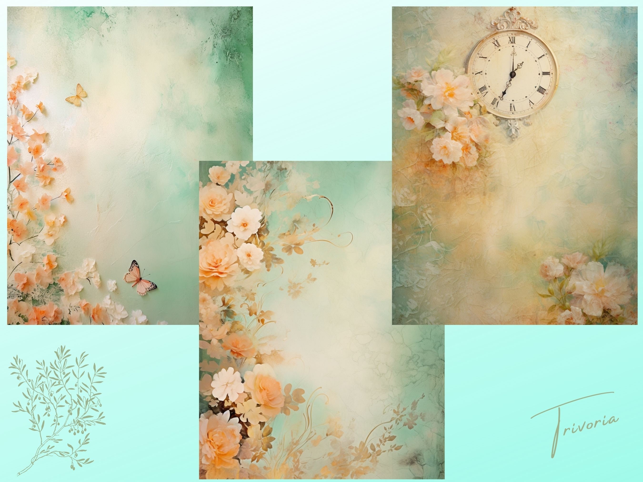 Mint Green and Peach Digital Papers: Floral & Rose Designs - Etsy