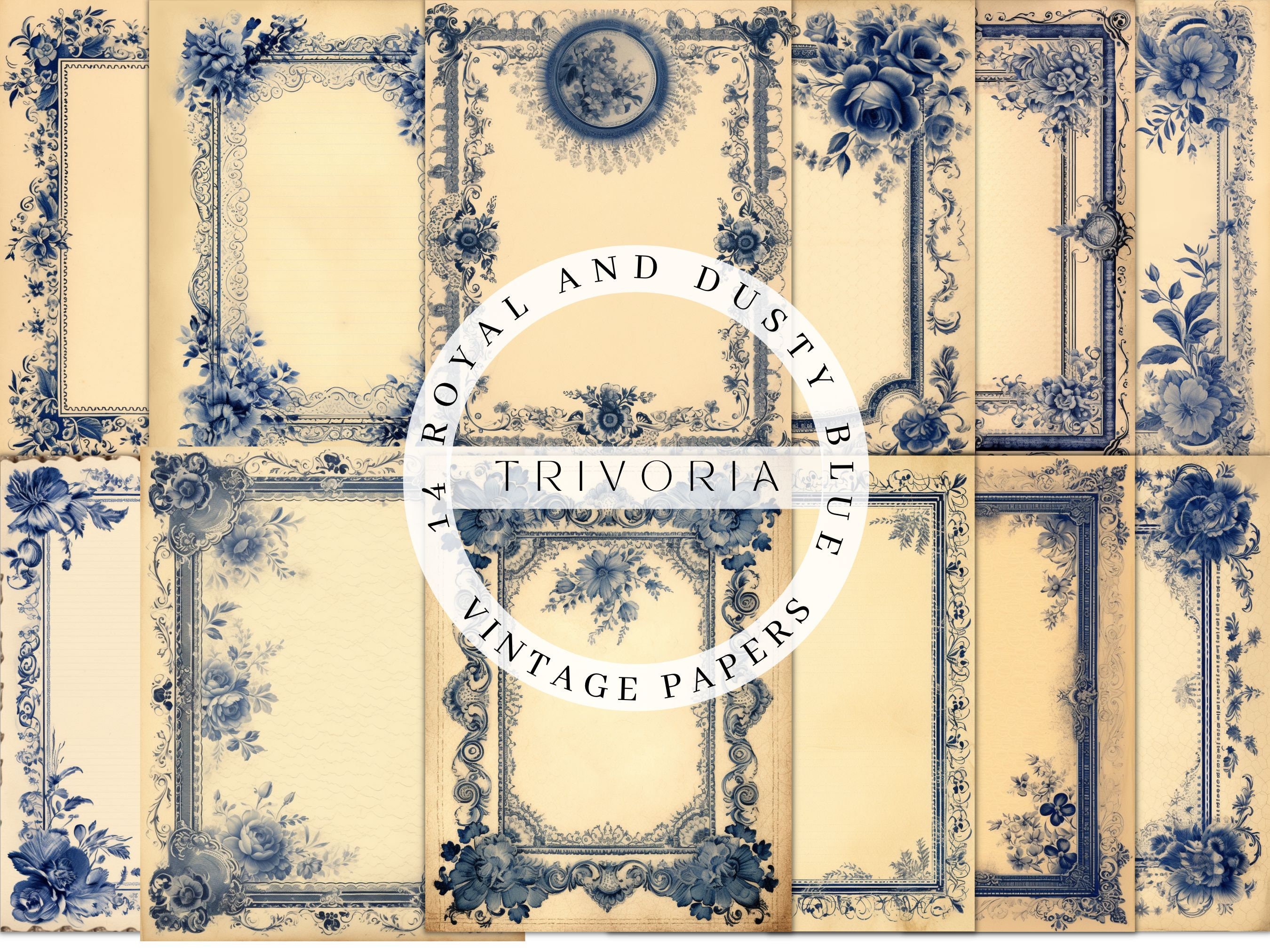 Vintage Azure Floral Frame Papers: Dutch Blue Junk Journal Kit ...