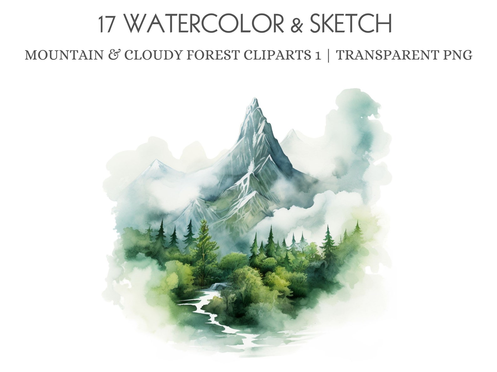 Watercolor Mountain Forest PNG Bundle: Landscape Mountain Clipart ...