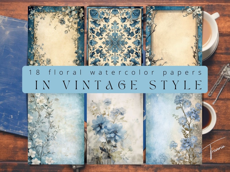 Dusty Blue Vintage Floral Digital Papers, Azure Junk Journal Kit ...