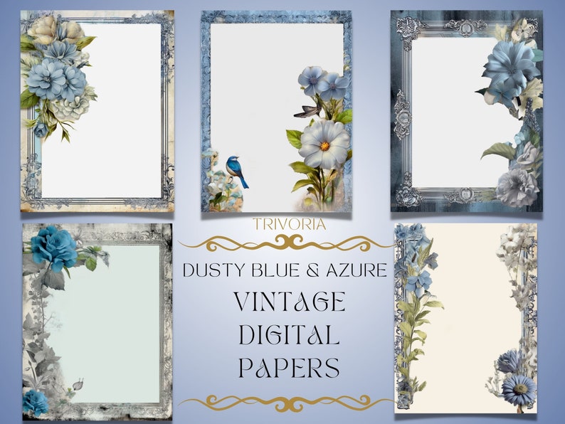 Dusty Blue Azure Vintage Floral Border Papers, Junk Journal Kit ...