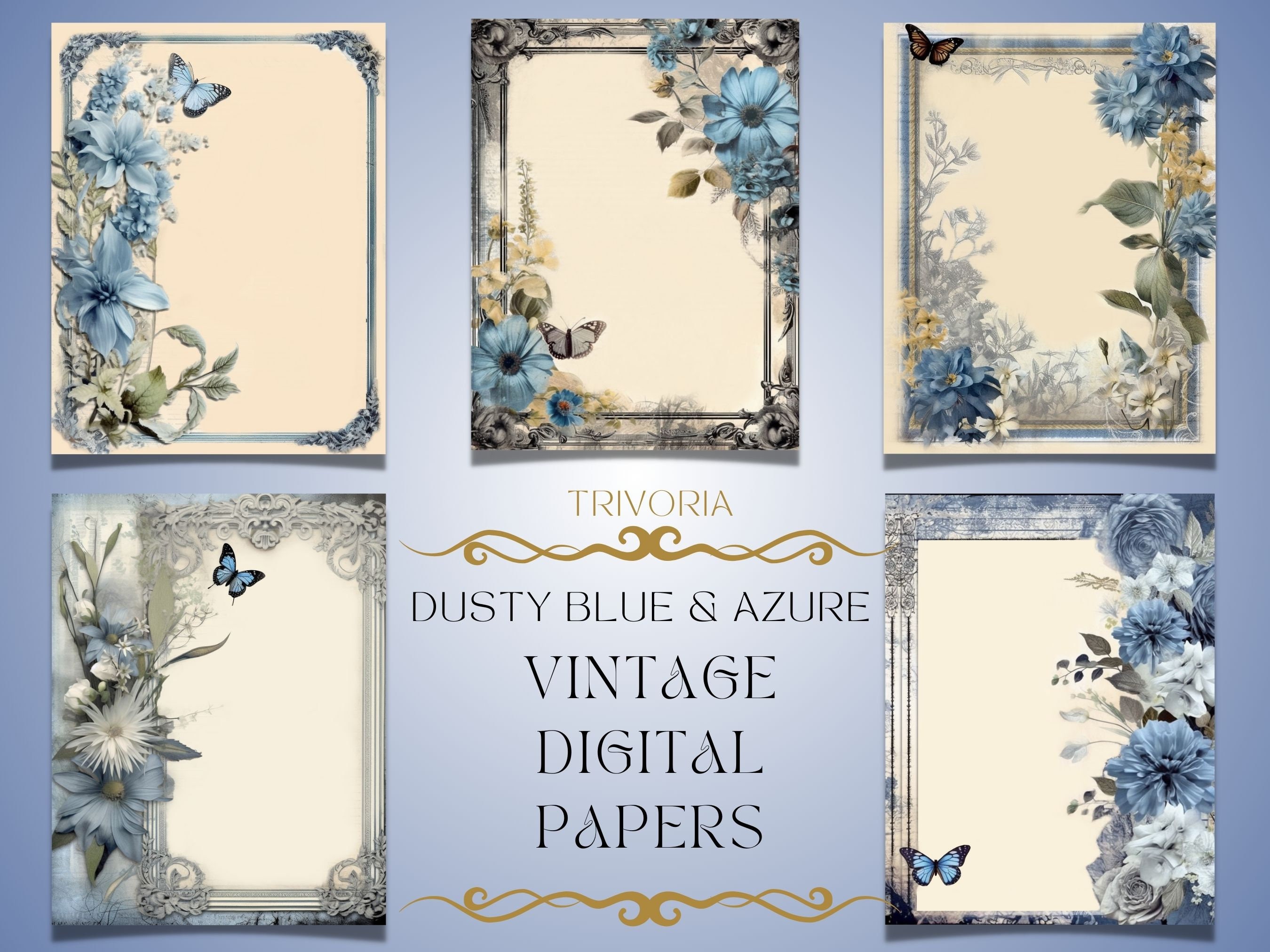 Dusty Blue Azure Vintage Floral Border Papers, Junk Journal Kit ...