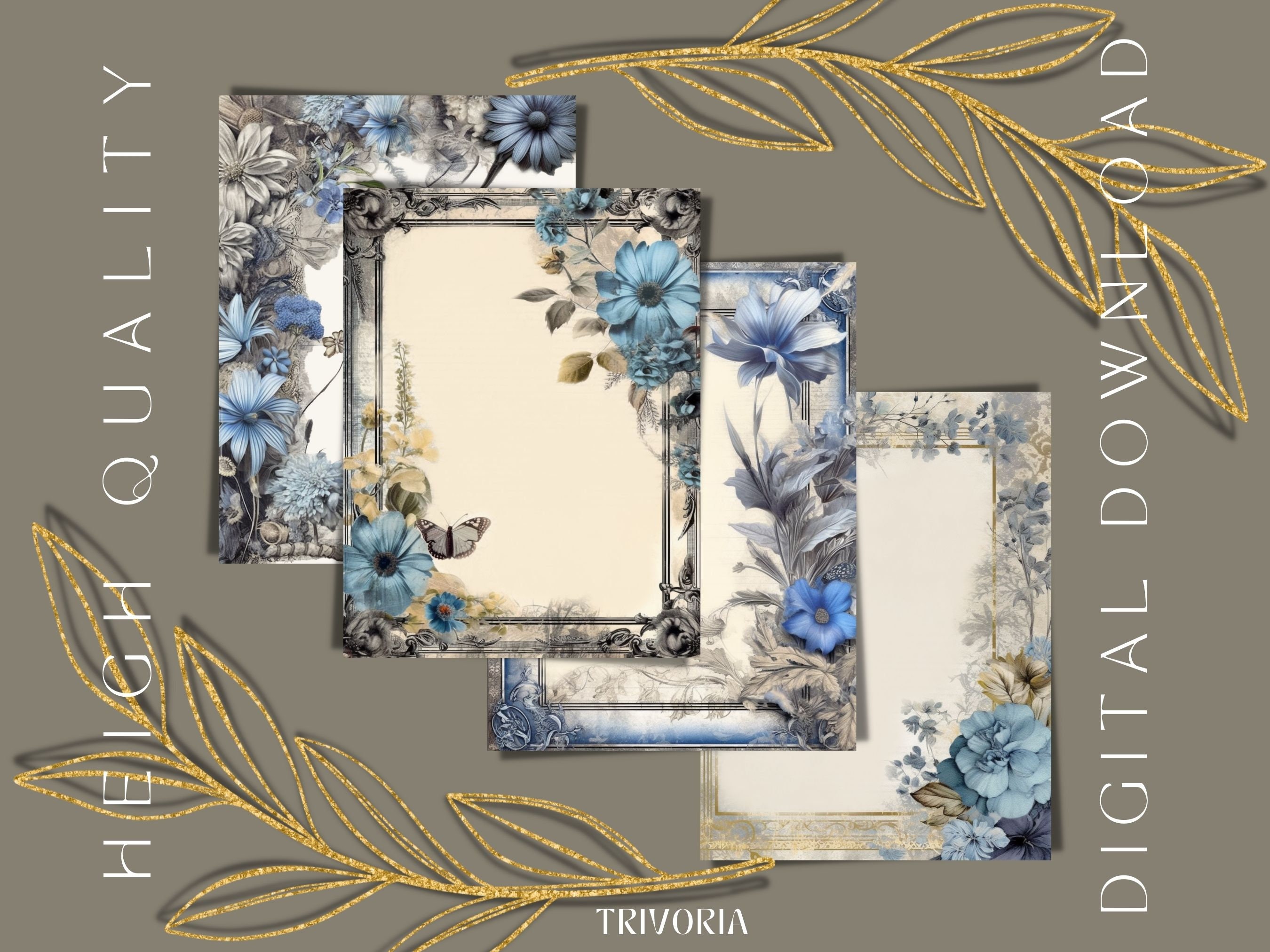 Dusty Blue Azure Vintage Floral Border Papers, Junk Journal Kit ...