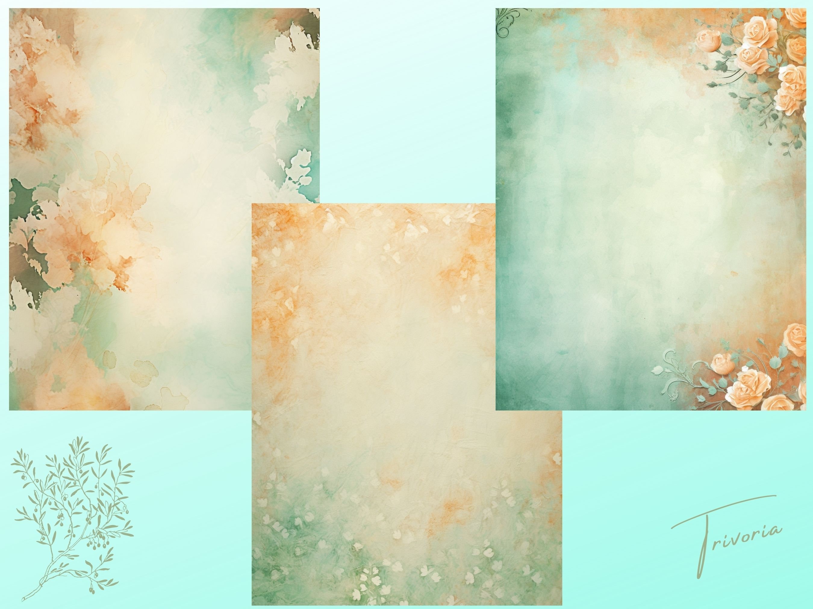 Mint Green and Peach Digital Papers: Floral & Rose Designs - Etsy