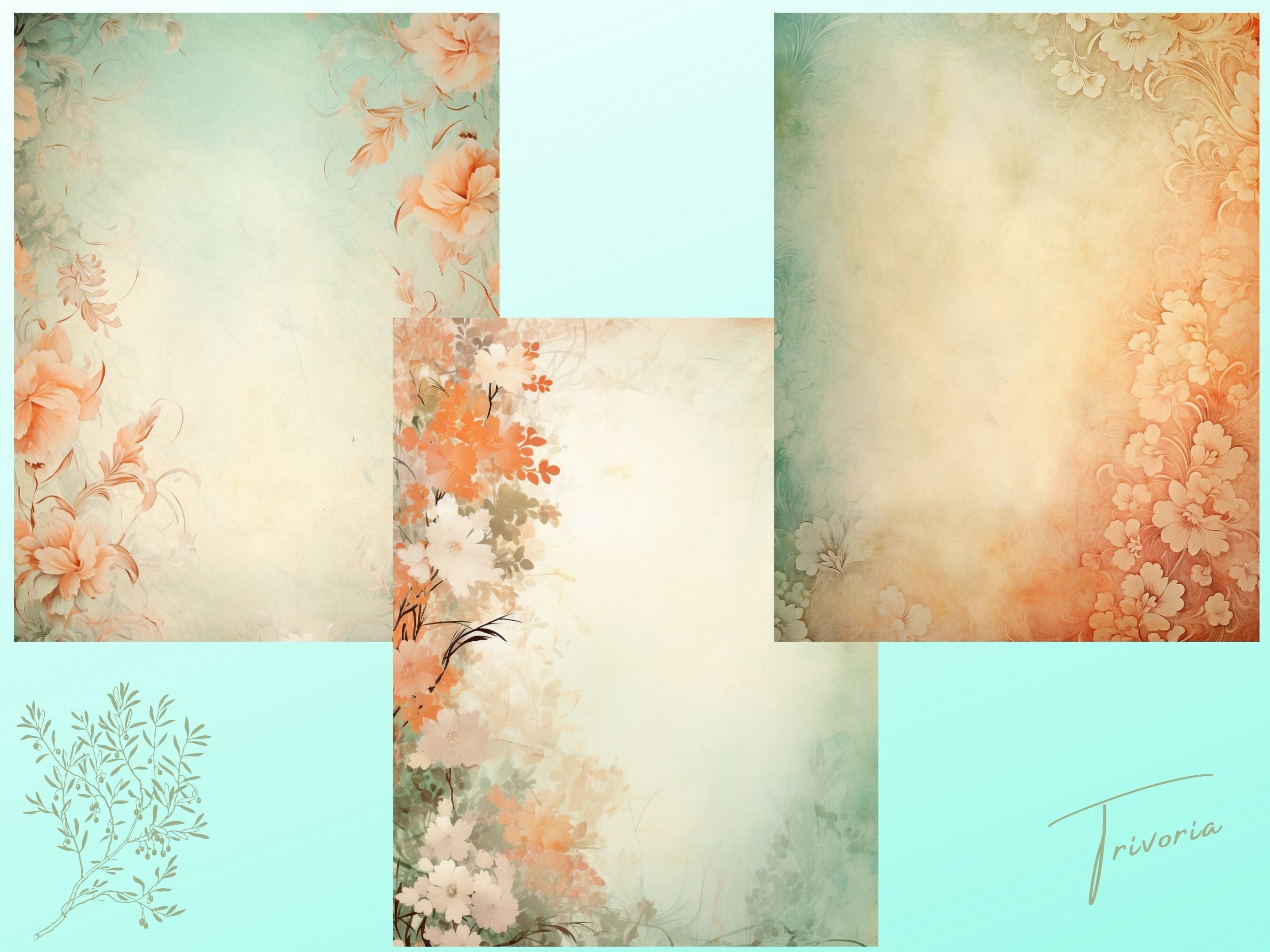 Mint Green and Peach Digital Papers: Floral & Rose Designs - Etsy
