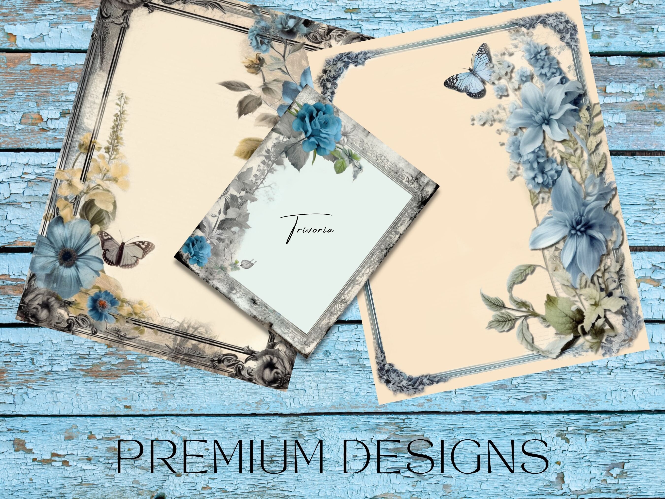 Dusty Blue Azure Vintage Floral Border Papers, Junk Journal Kit ...