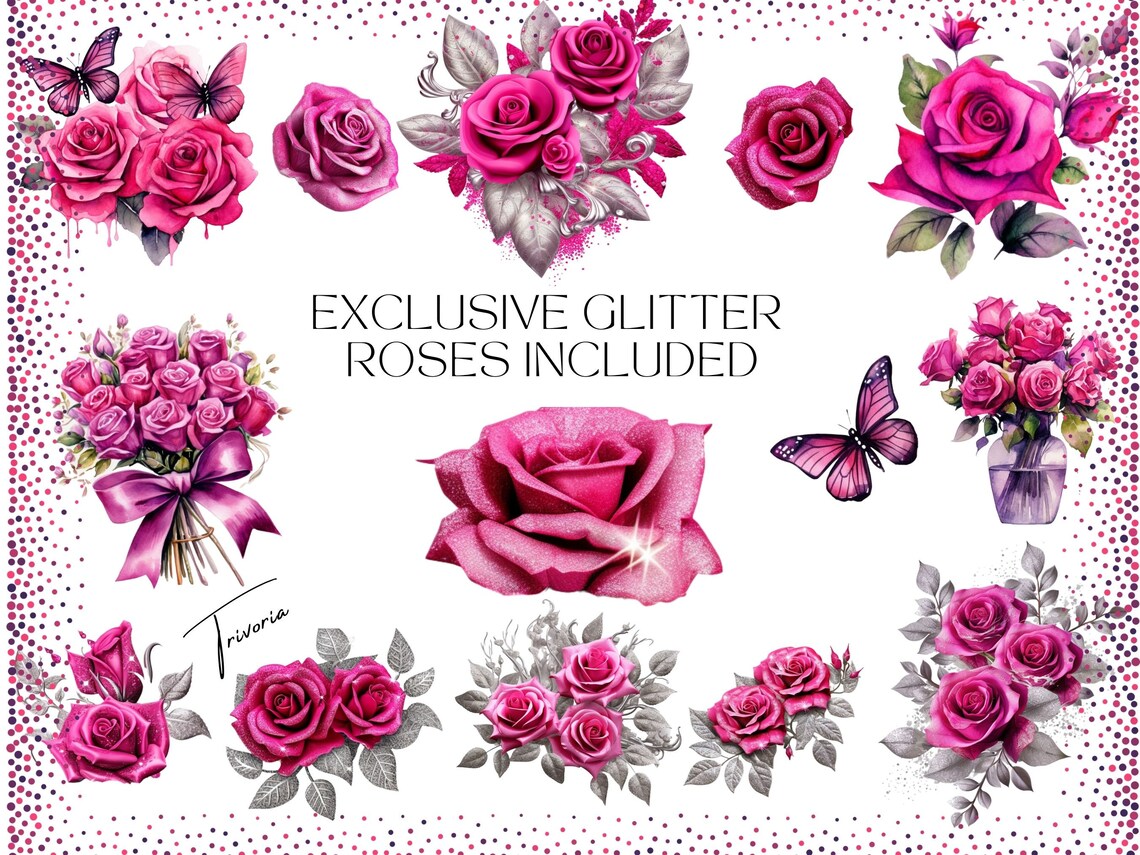 Hot Pink Rose Clipart Set 36 Transparent PNG Boho Watercolor - Etsy