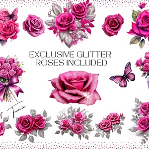 Hot Pink Rose Clipart Set, 36 Transparent PNG, Boho Watercolor Floral ...