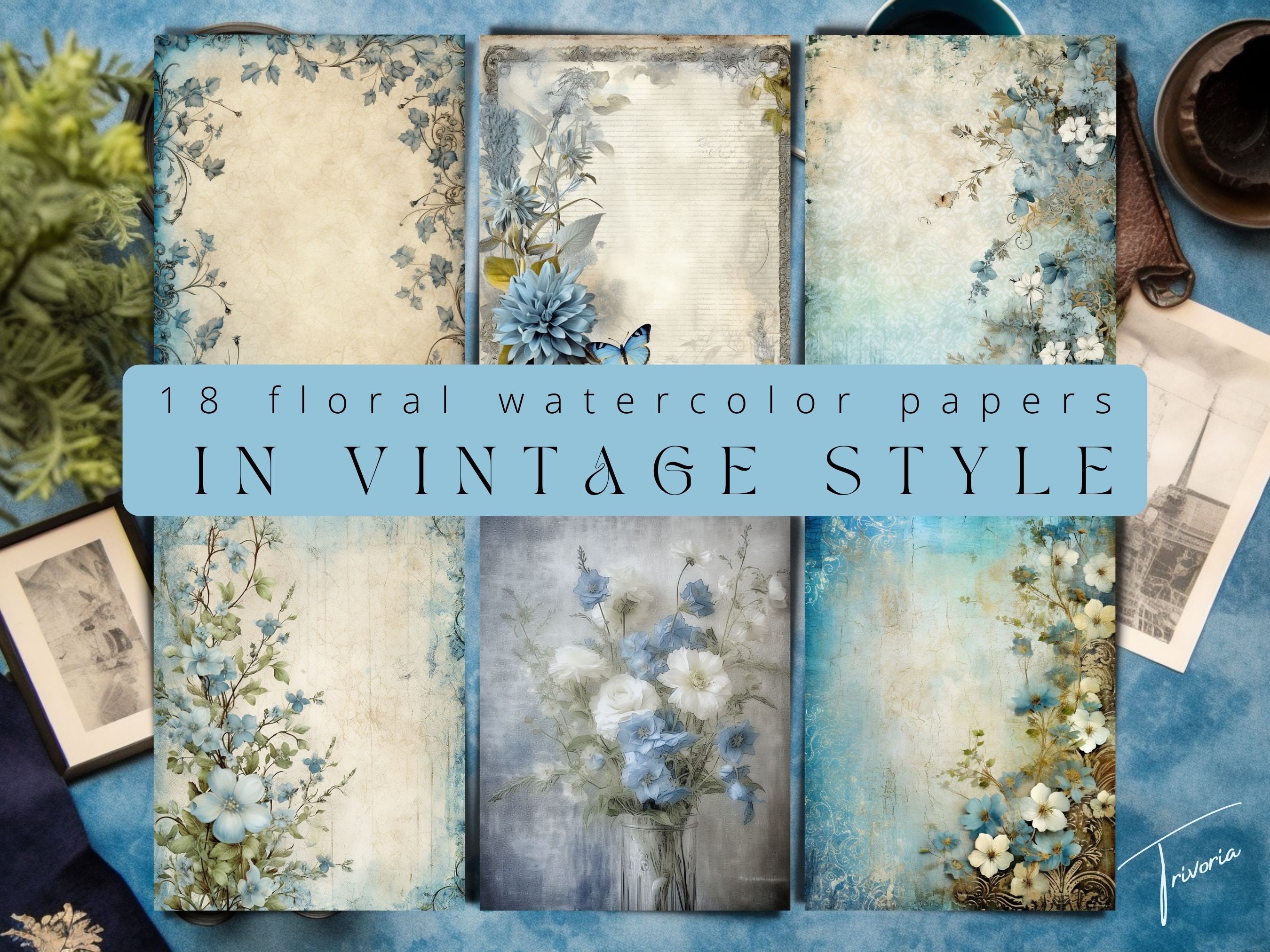 Dusty Blue Vintage Floral Digital Papers Azure Junk Journal - Etsy