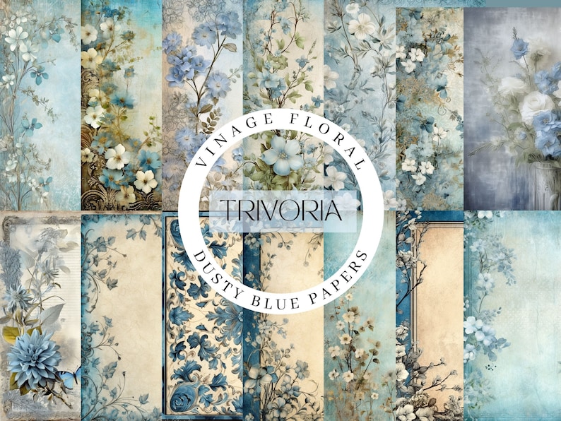 Dusty Blue Vintage Floral Digital Papers, Azure Junk Journal Kit ...