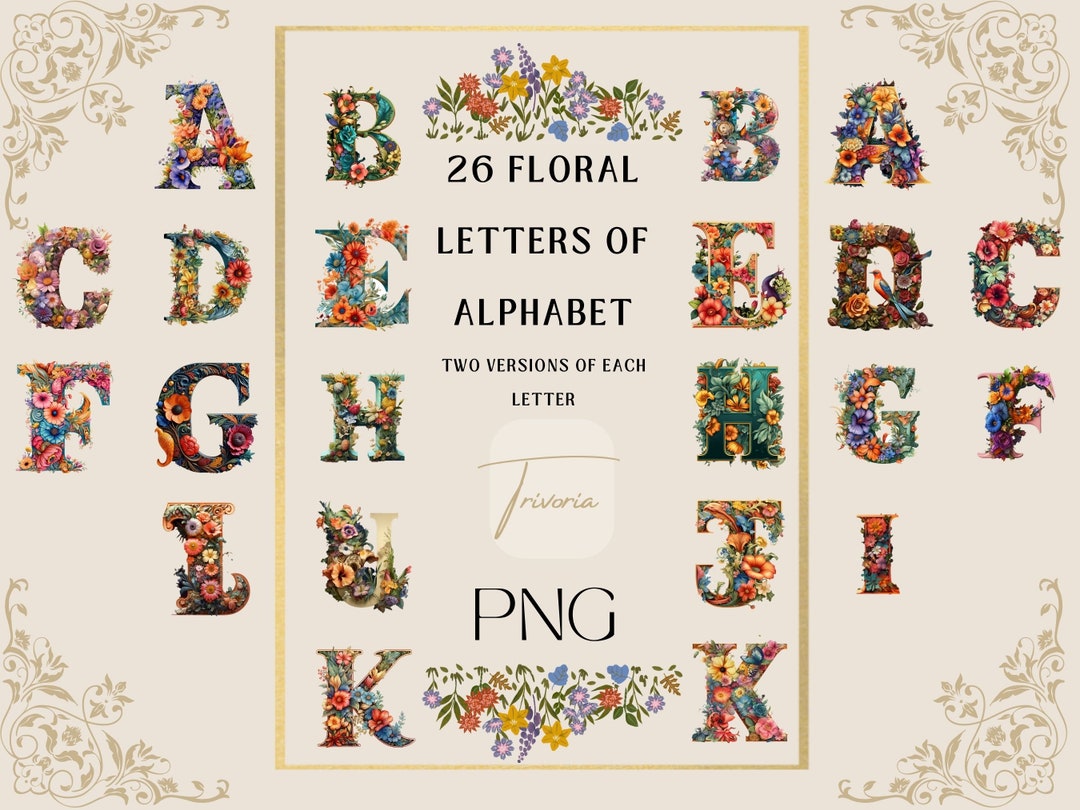 Floral Alphabet Letters PNG, Watercolor Boho Alphabet Clipart, Floral ...