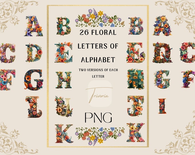 Boho Floral Alphabet, Boho Alphabet PNG Floral Watercolor Alphabet ...