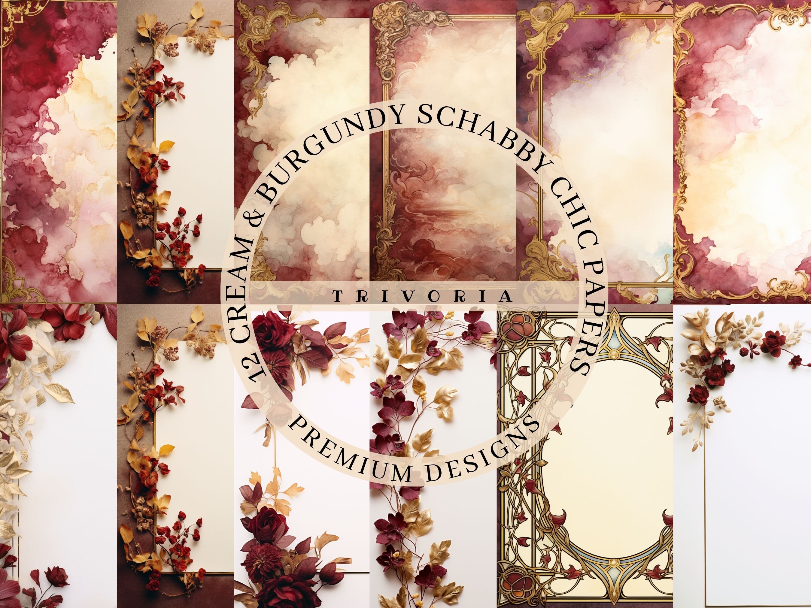 Burgundy, Gold and Cream Digital Papers: Victorian Invitation Card ...