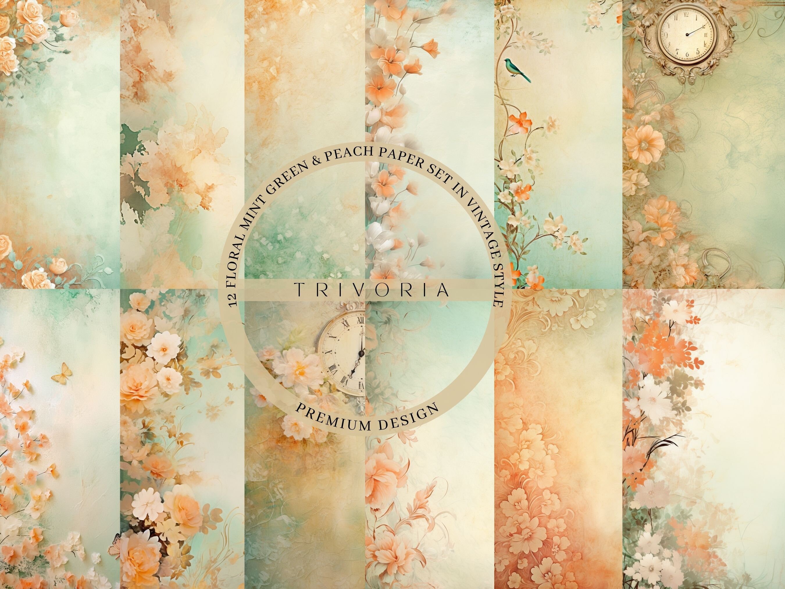 Mint Green and Peach Digital Papers: Floral & Rose Designs - Etsy