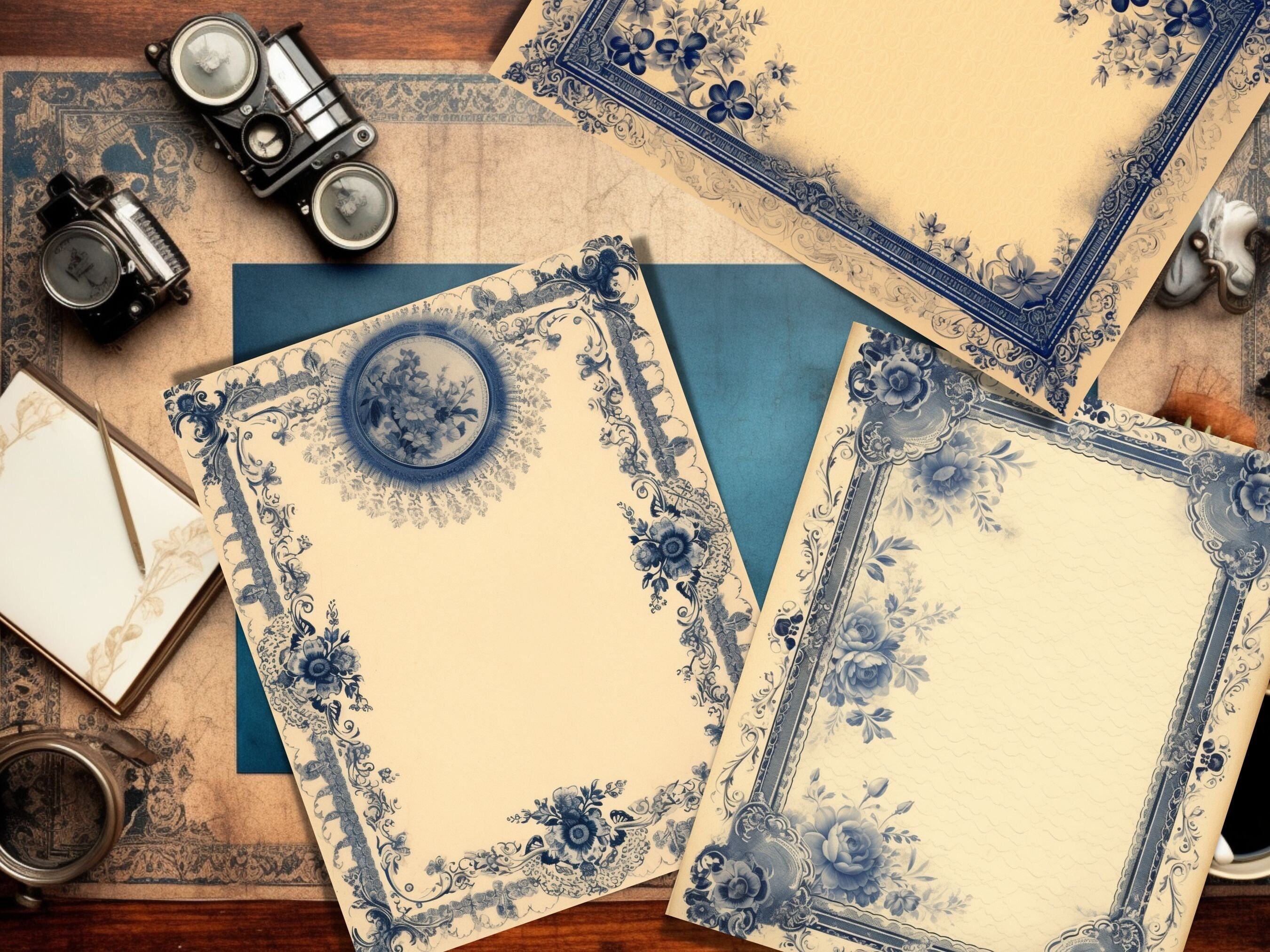 Vintage Azure Floral Frame Papers: Dutch Blue Junk Journal Kit ...