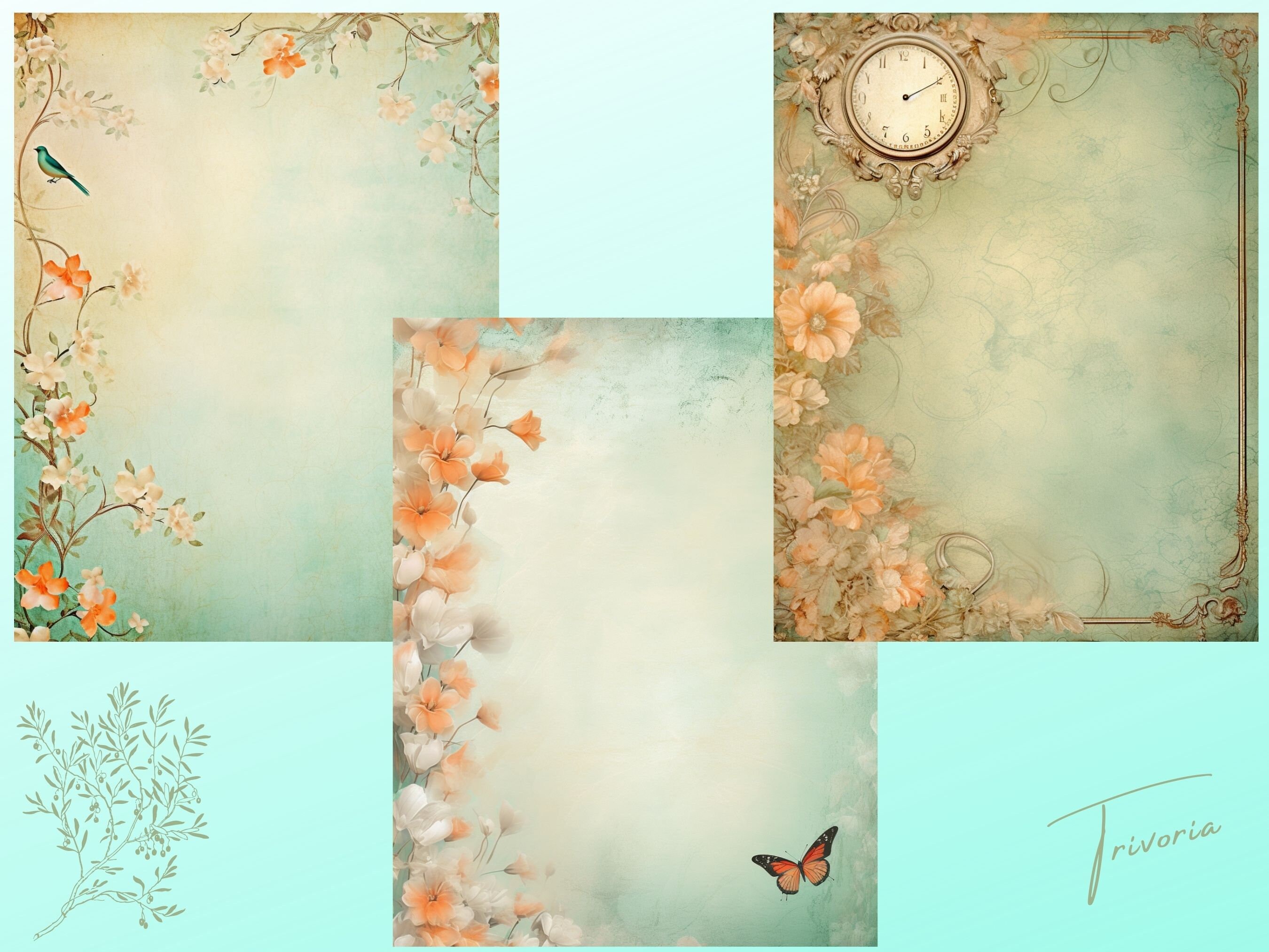 Mint Green and Peach Digital Papers: Floral & Rose Designs - Etsy