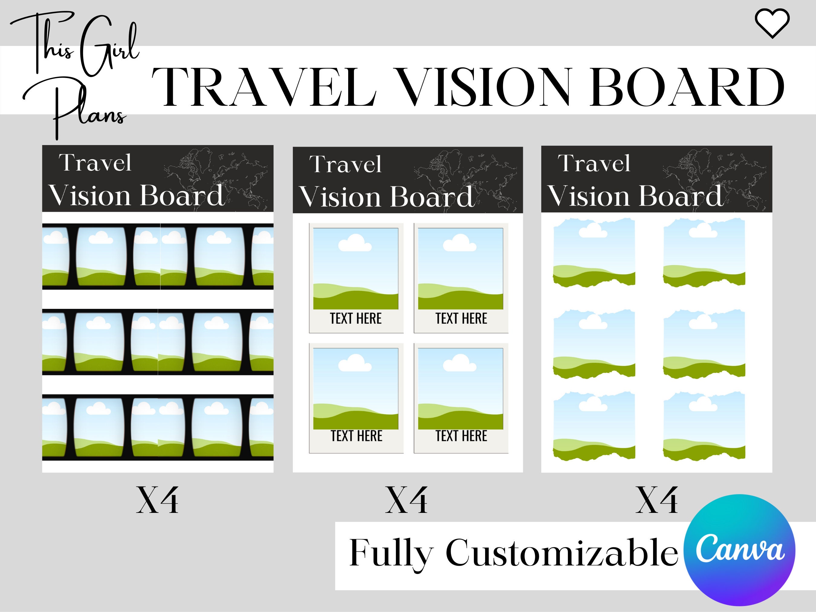 Editable Travel Vision Board Template, Monochrome Printable Template ...