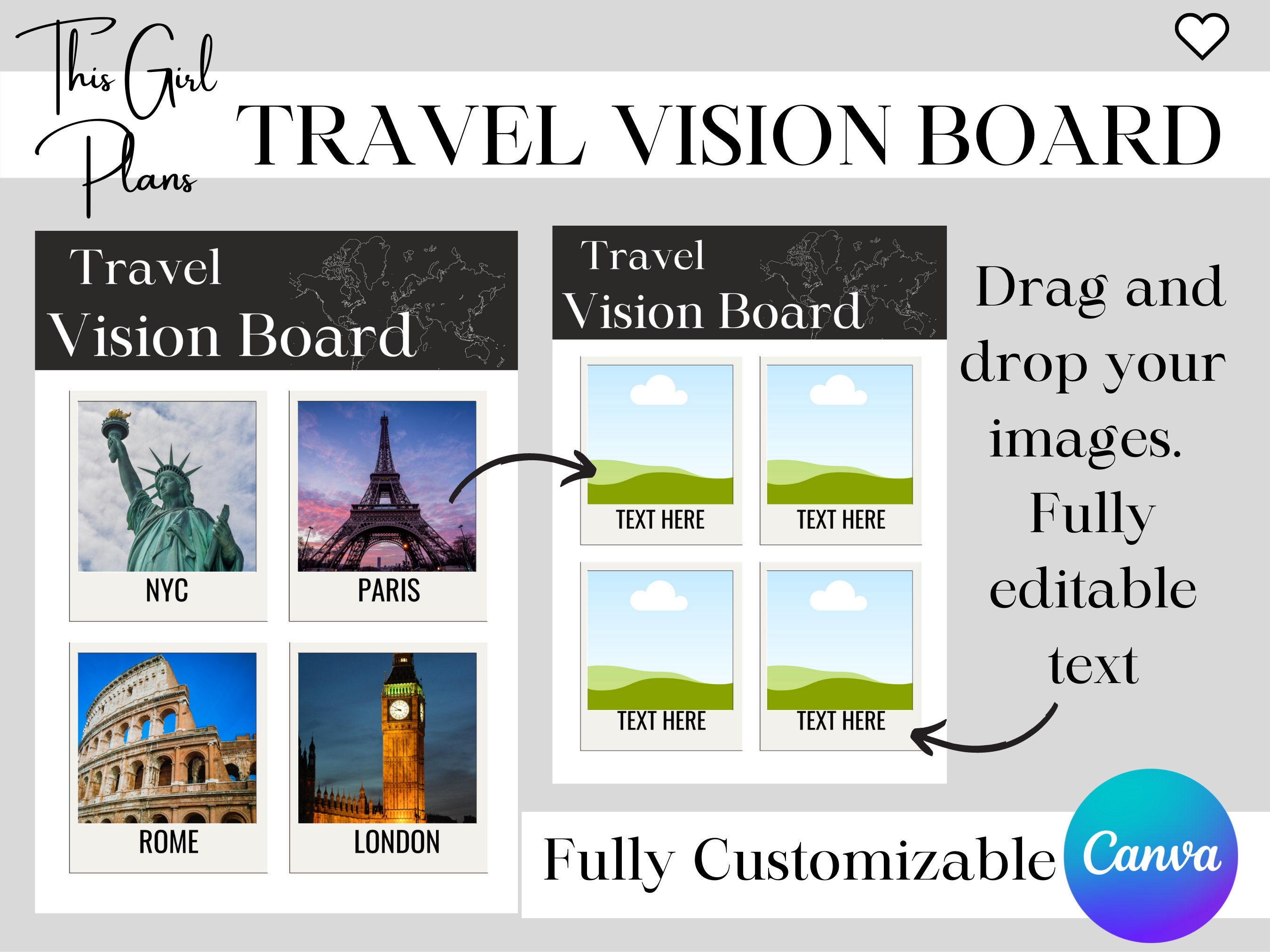Editable Travel Vision Board Template, Monochrome Printable Template ...
