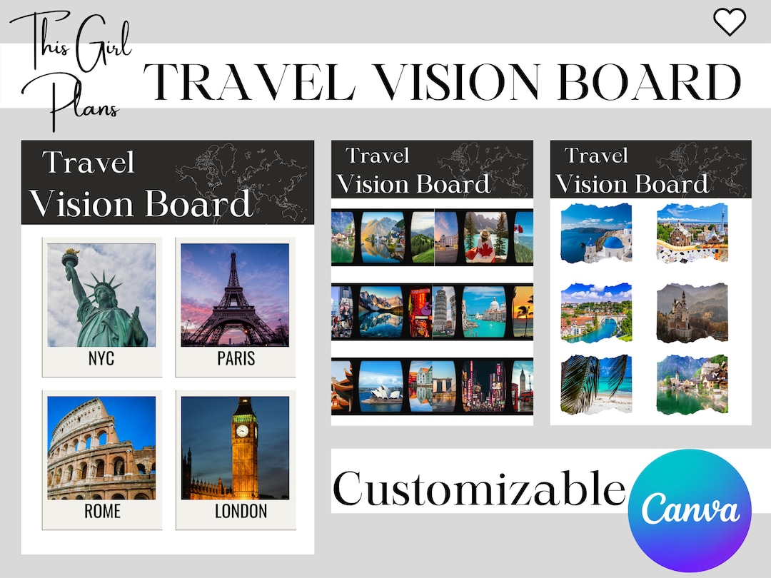 Editable Travel Vision Board Template, Monochrome Printable Template ...