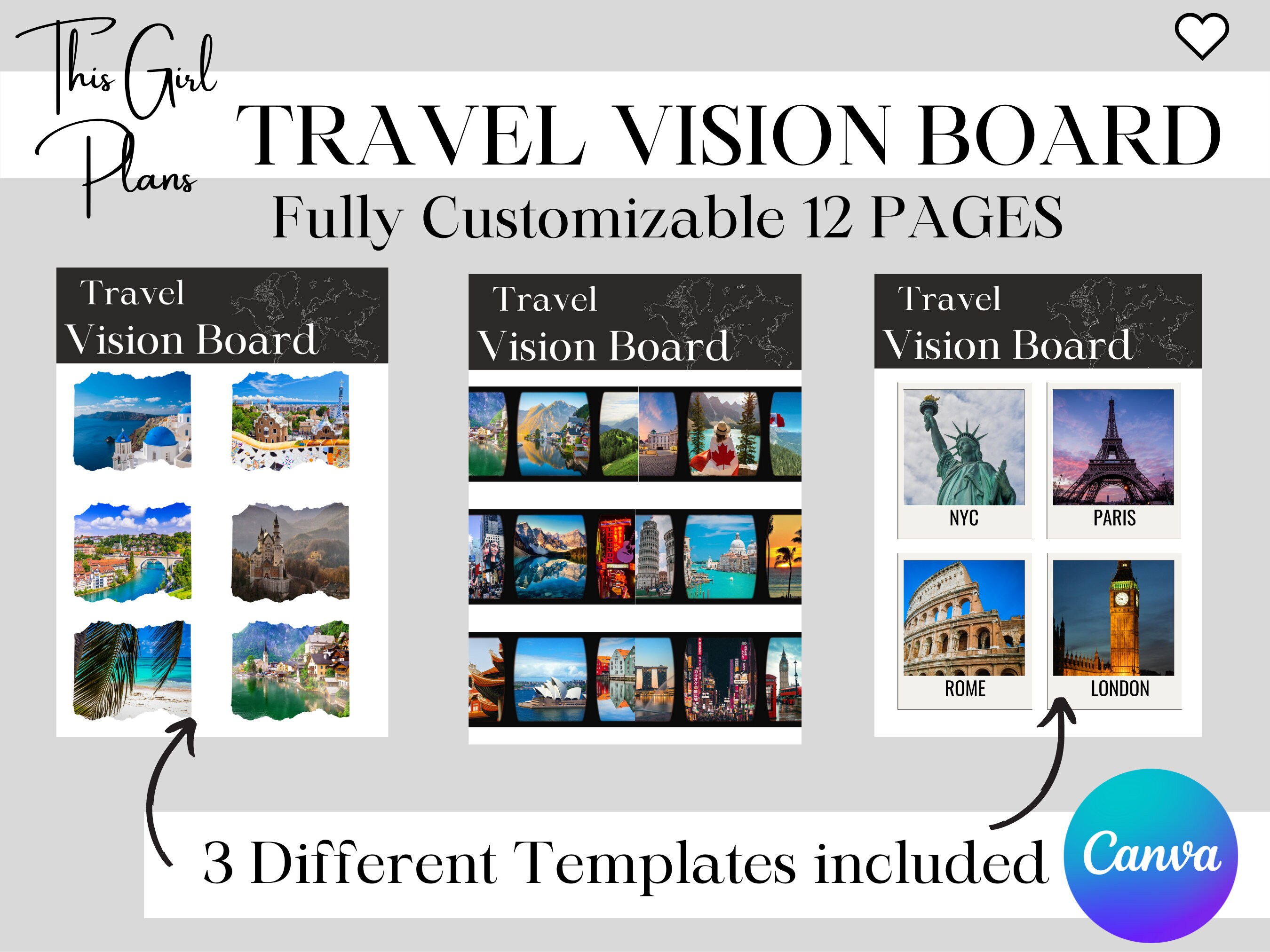 Editable Travel Vision Board Template, Monochrome Printable Template ...