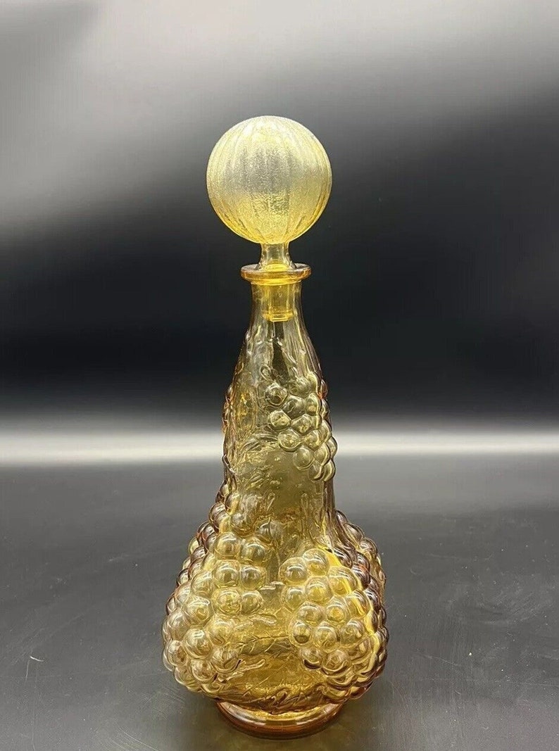 Vintage Amber Wine Decanter, Glass Genie Bottle, Empoli Style, Grape ...