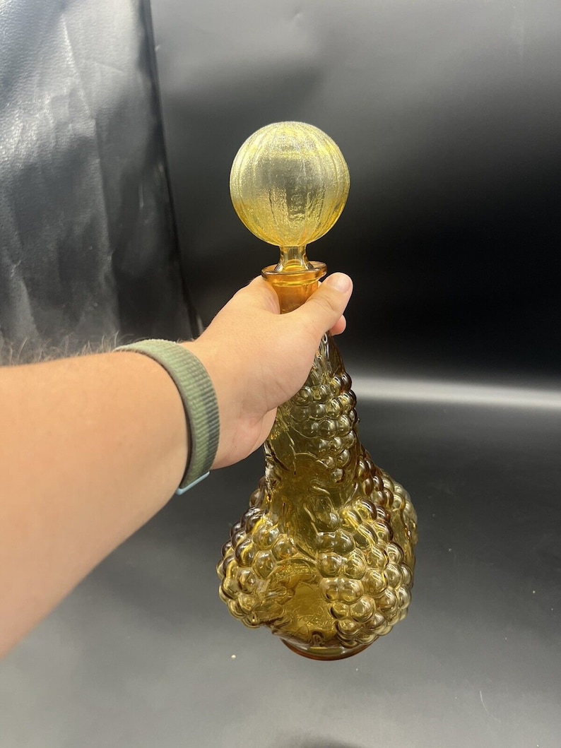 Vintage Amber Wine Decanter, Glass Genie Bottle, Empoli Style, Grape ...