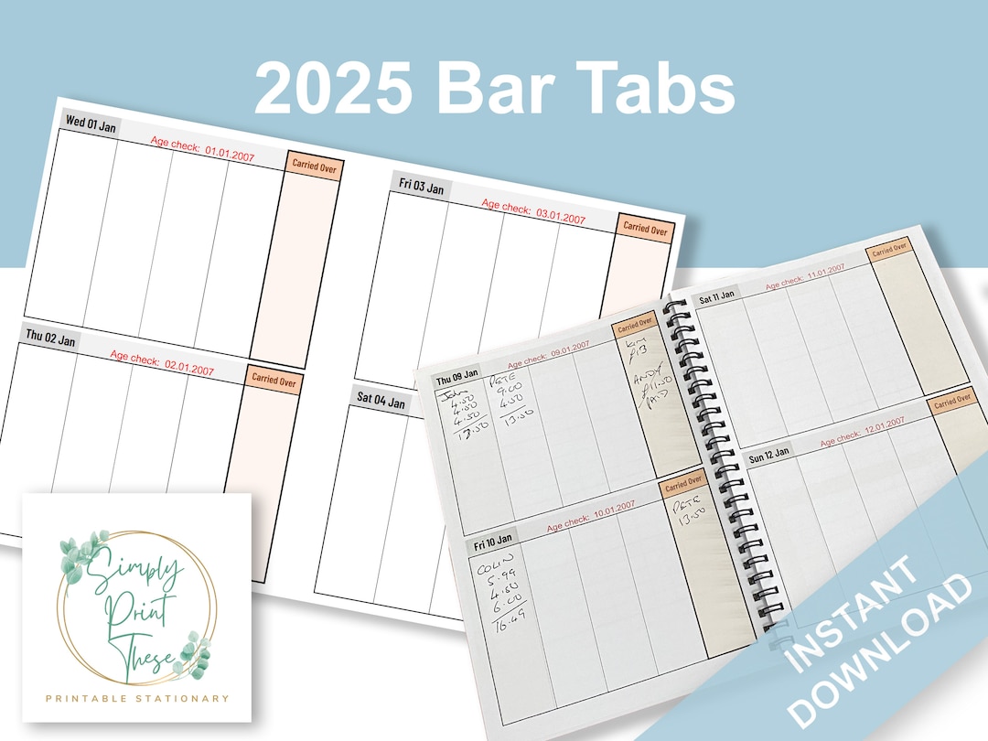 2025 Bar/pub Customer Tabs Booklet, PDF Download Printable Stationery ...