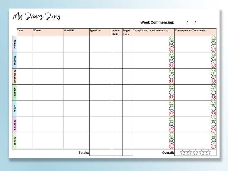 Printable Weekly Drinks Diary: Wellbeing Tracker (PDF Download) - Etsy