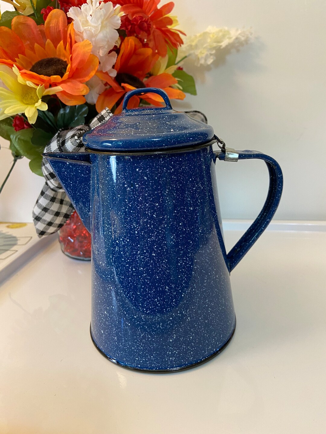 Vintage Small, Blue Speckled, Enamel Ware Granite Coffee Pot. Like New ...